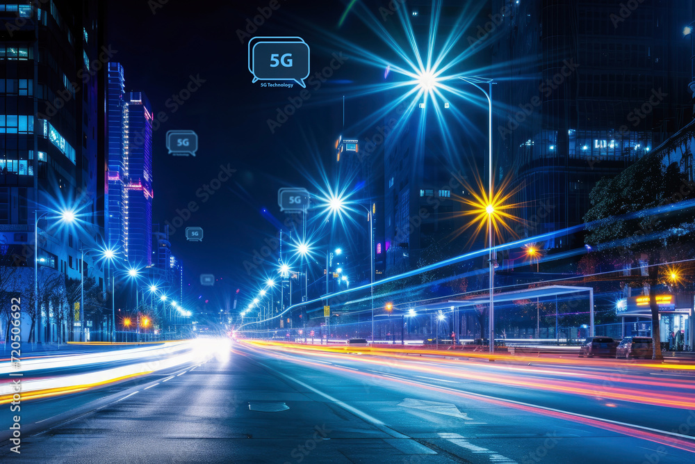 Showcasing a modern cityscape where smart streetlights with 5G ...