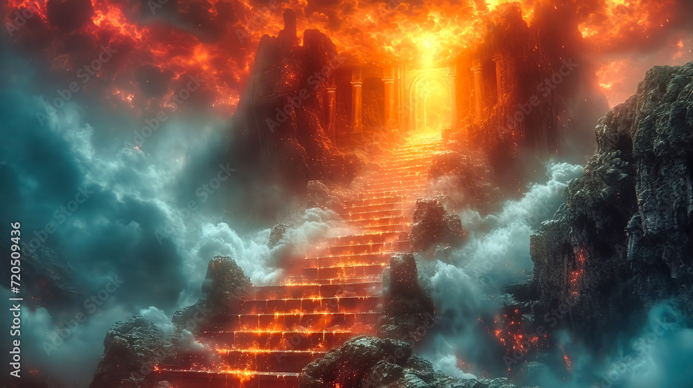 Stairway to the entrance gates of hell and underworld lake of fire ...