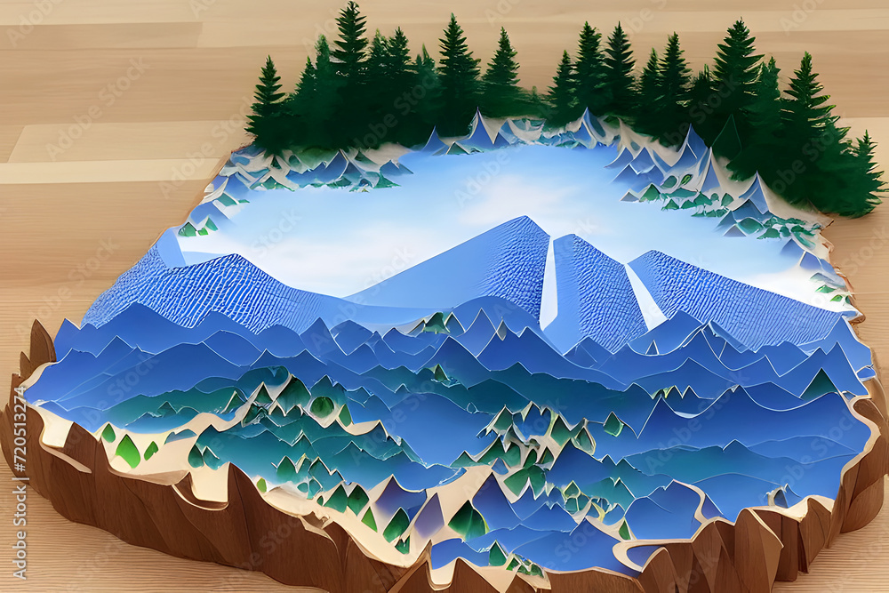 3D Papercut art of nature scene Papercraft snowy mountain river forest ...