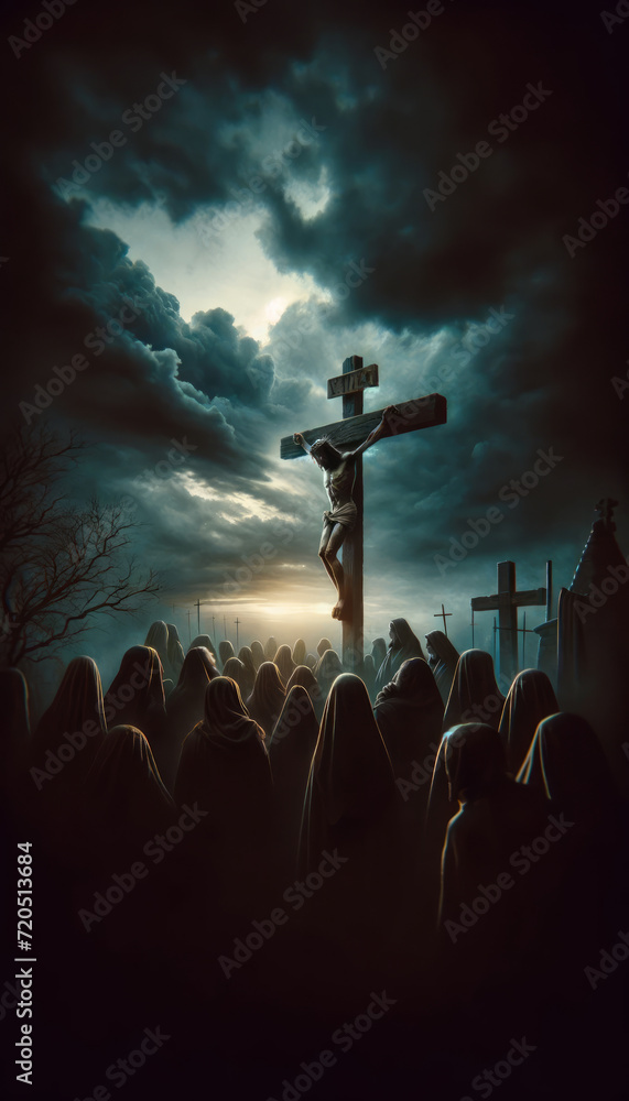 A solemn depiction of the crucifixion scene with Jesus on the cross ...