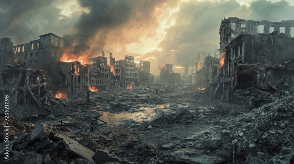 Abandoned city in ruins, with destroyed buildings, burning rubble, and ...