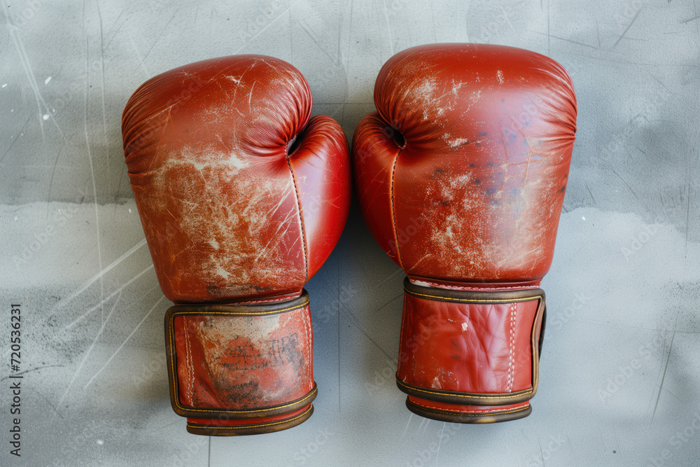 Rocky Balboas red boxing gloves on a concrete floor. Background image ...