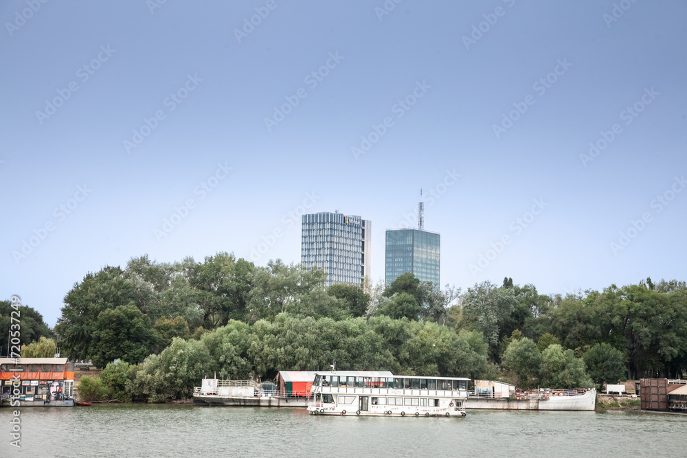 Picture of boats and splavovi in Belgrade on the Sava river. Usce Tower ...