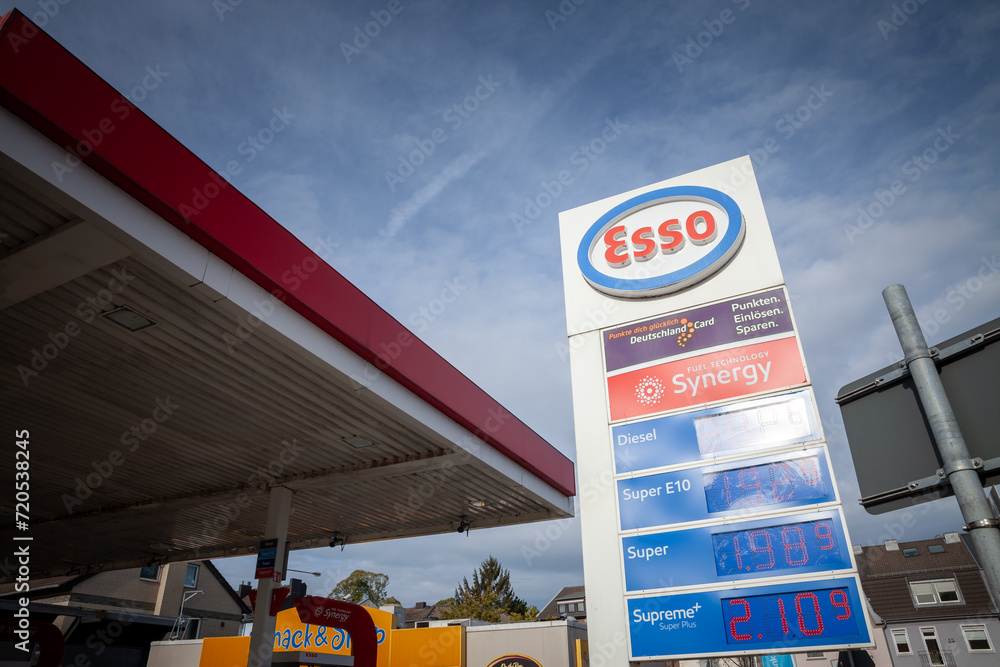 Picture of a sign with the logo of Esso on a german gas station in Aachen Germany. Esso is a ...