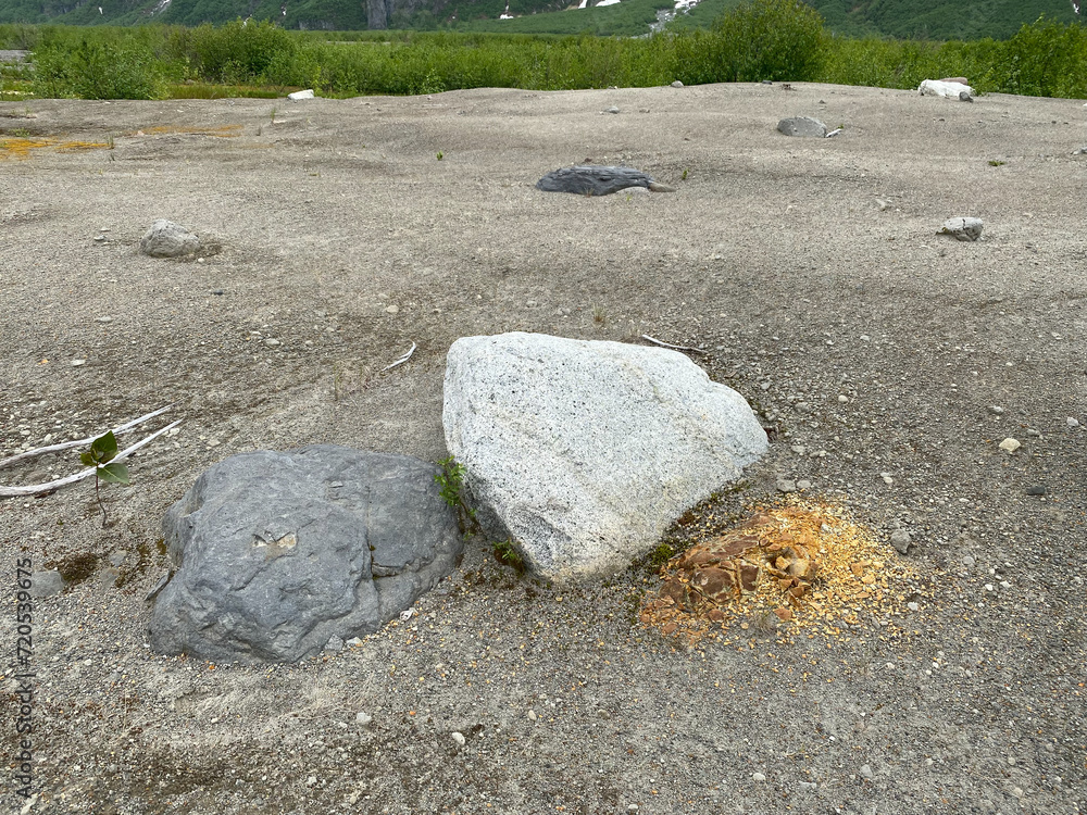 Gravel valley floor near north fork Crescent River and Mount Redoubt ...