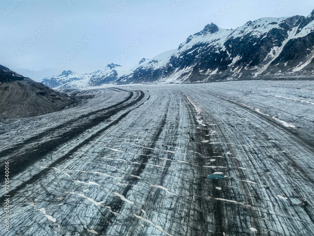 Tanaina Glacier at Lake Clark National Park in Alaska. Lateral moraines ...