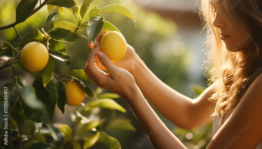 girl holding a lemon. hand picking lemons from lemon tree. woman picking lemons. lemon picking ...