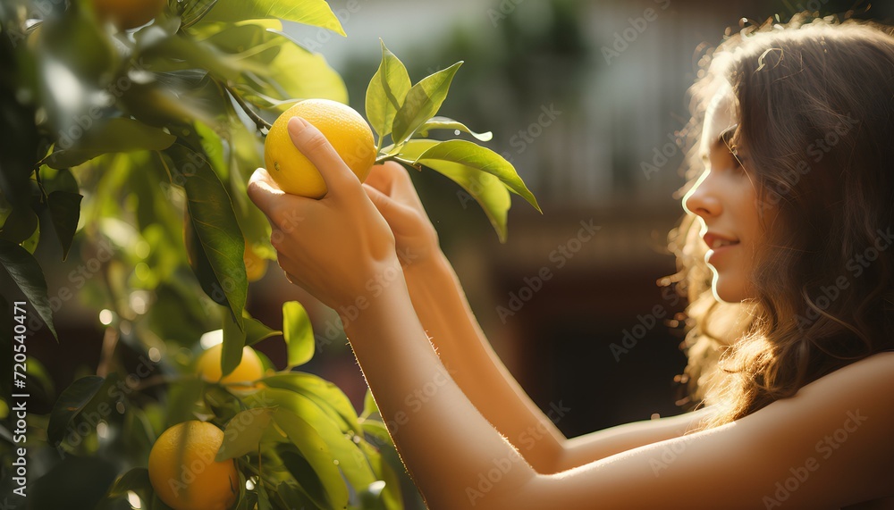hand picking lemons from lemon tree. woman picking lemons. lemon picking season. citrus fruit ...