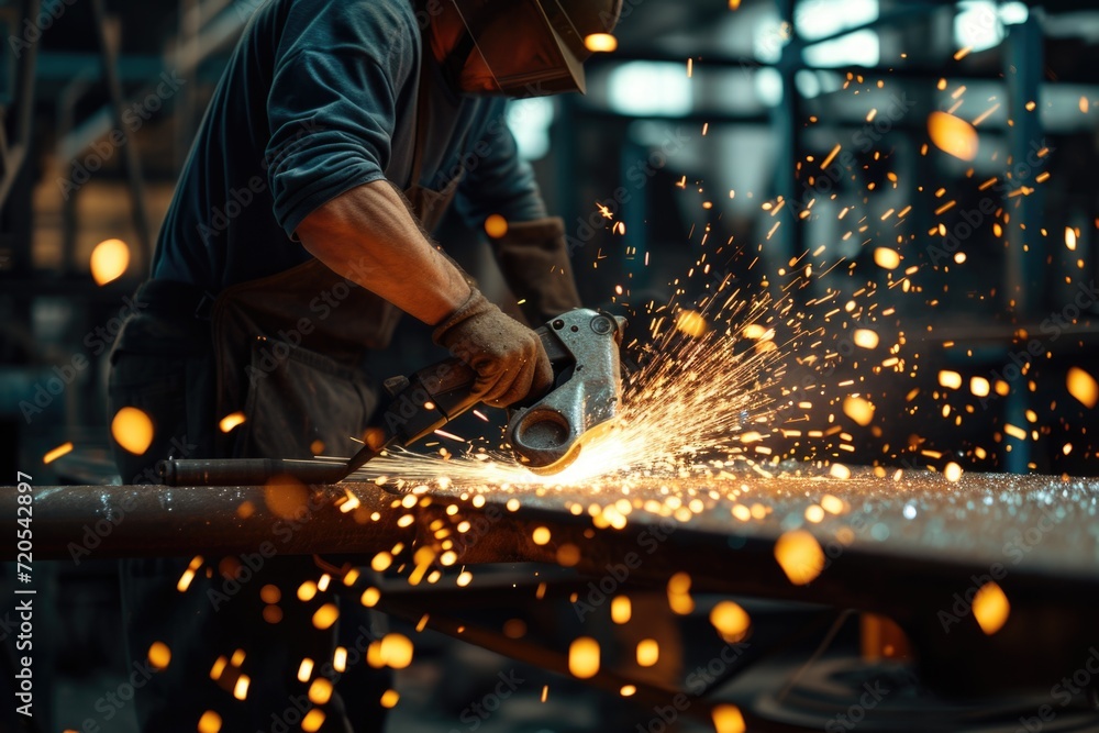 Skilled Worker Using Angle Grinder in Industrial Environment Creating ...