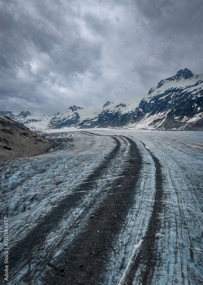 Tanaina Glacier at Lake Clark National Park in Alaska. Lateral moraines ...