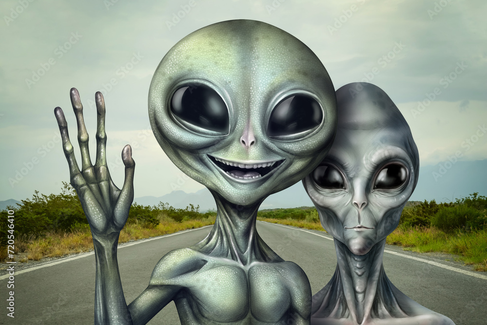 Aliens on asphalt highway outdoors. Extraterrestrial visitors Stock ...
