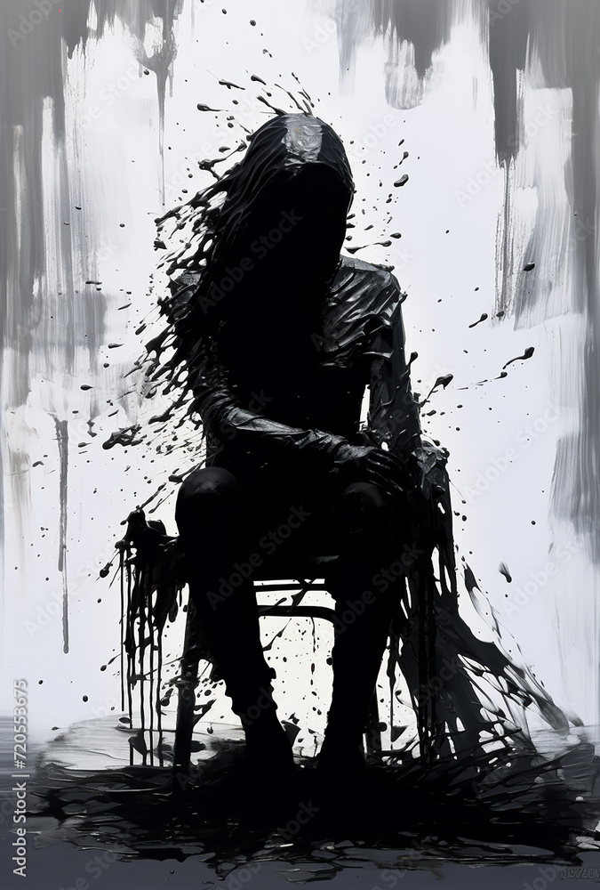 Abstract conceptual art silhouette of sad and depressed man sitting in ...
