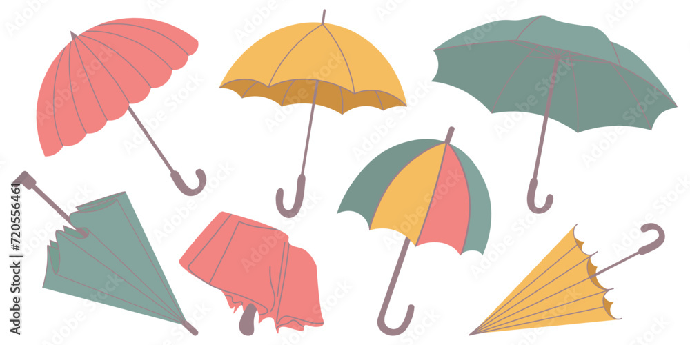 Set of different Umbrellas in various positions. Open and folded umbrellas. Muted colors. Hand ...