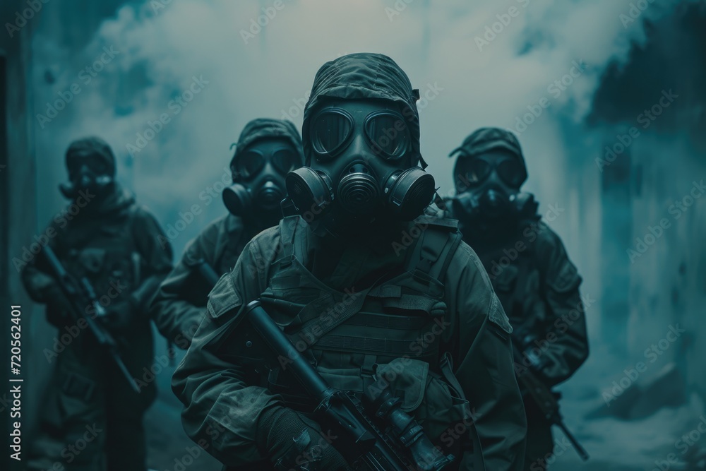 Military squad in gas masks advancing through smoke. Chemical warfare ...