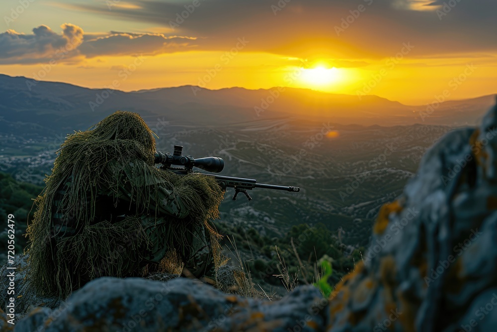 Sniper in ghillie suit aiming rifle from a high vantage point. Military ...