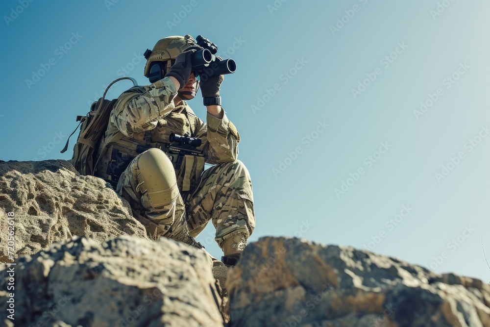 Soldier observing through binoculars from a rocky terrain. Military ...