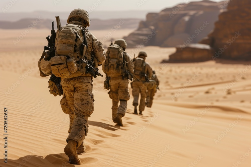 Squad of soldiers marching through a desert dune. Military operations ...