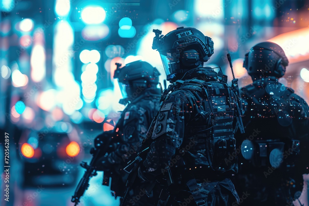 Squad of soldiers on patrol in night city. Urban warfare. Special ...