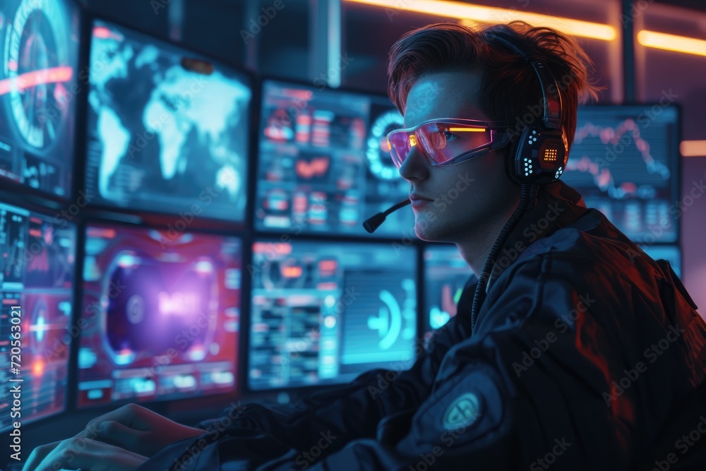 Cybersecurity Operator Monitoring Screens In A High Tech Control Room Cyber Defense And