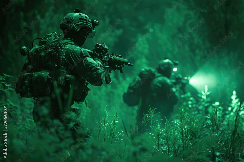 Soldiers in night vision goggles on a night mission in a forest ...