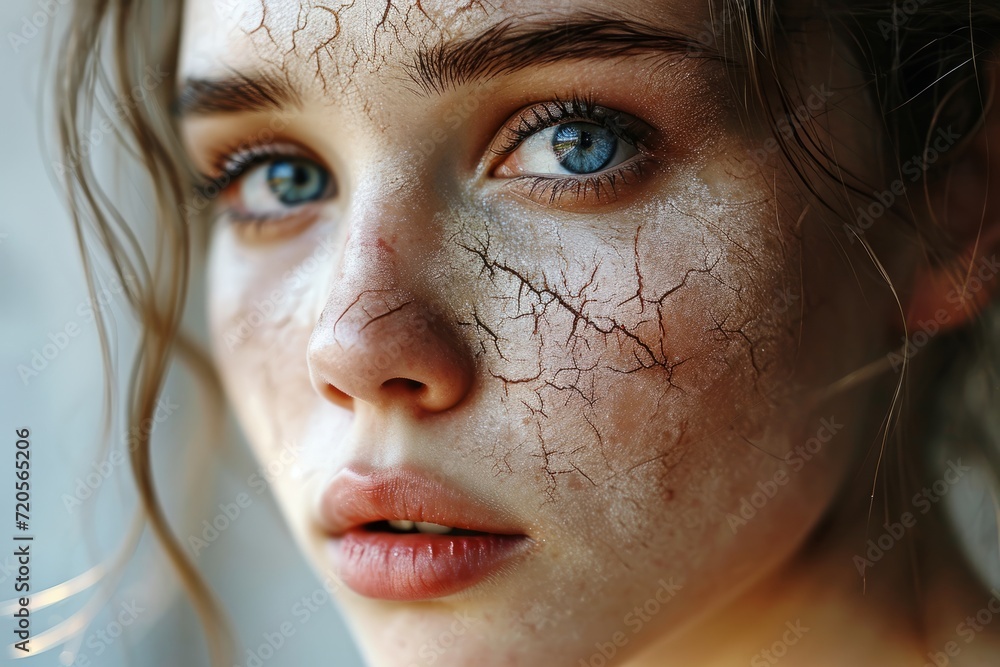 Portrait of a young woman with cracked skin due to health problems and ...