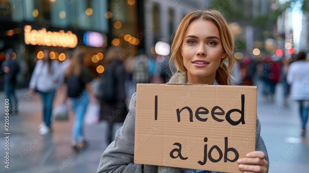 Young woman standing on a busy city street, holding a resume and ...