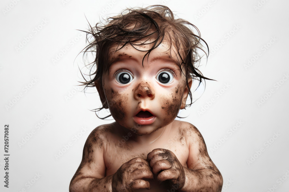Portrait of surprised dirty newborn baby with bulging big eyes on solid ...