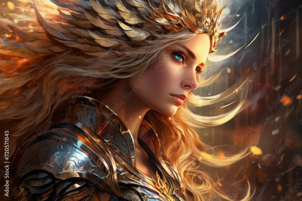 Valkyrie, a warrior maiden in armor and a helmet with wings. Norse ...