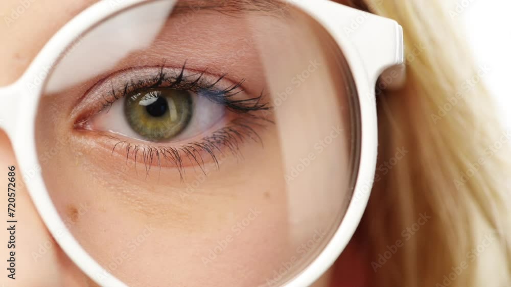 Zoom, eye and glasses with woman for vision and optometry, eyecare and ...