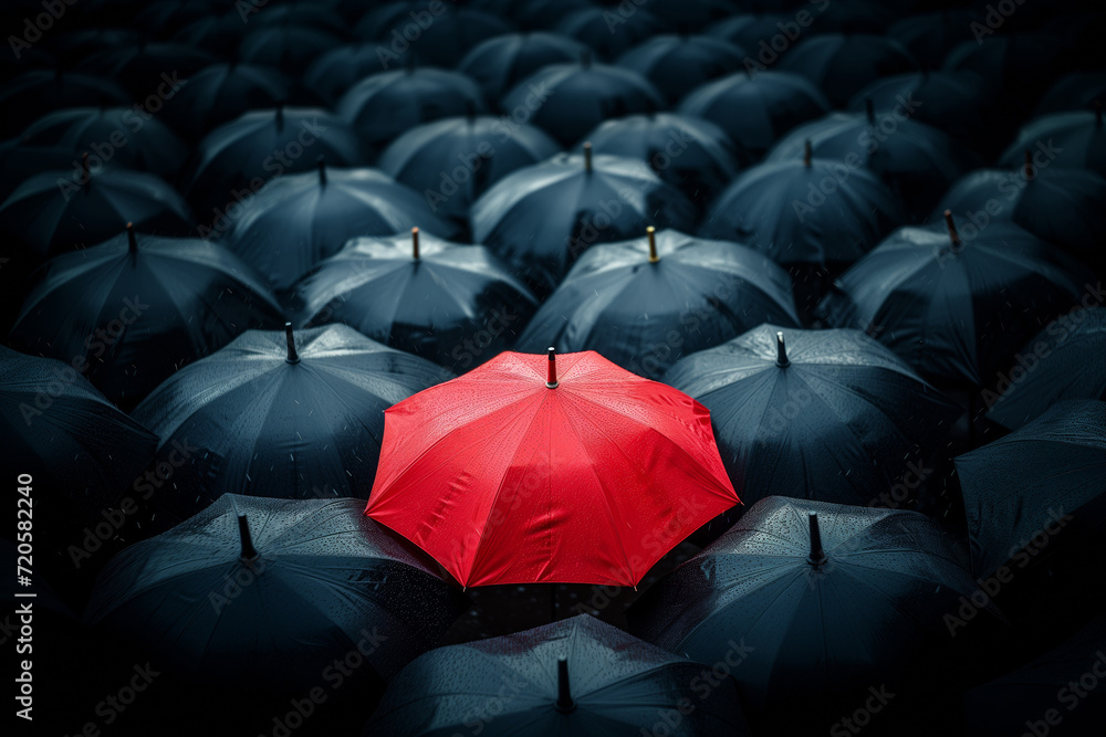 A red umbrella among a crowd of black umbrellas - Concept of success ...