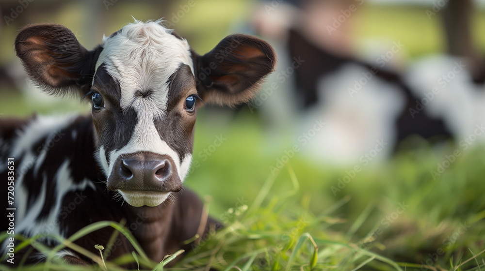 In the nursery of a dairy farm, a young cow calf finds comfort and care ...