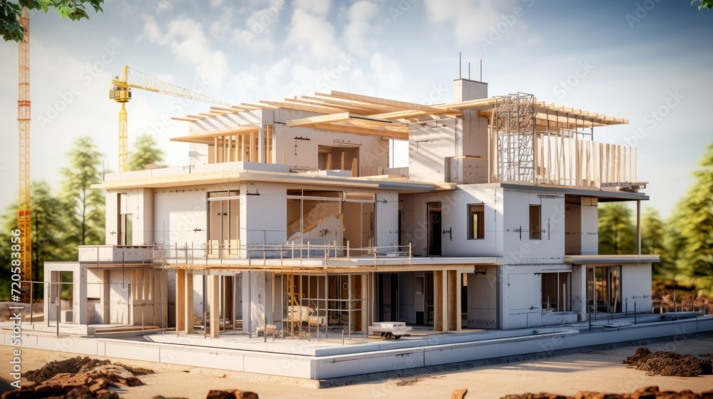 vision of architecture of a 3d model house project with blueprint Stock ...