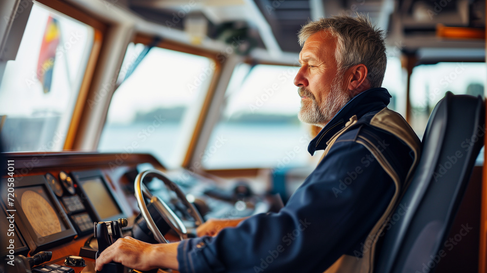 The ship's captain confidently steers the vessel from the captain's ...