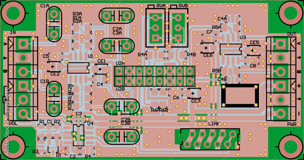 Vector printed circuit board of an electronic device with components of ...