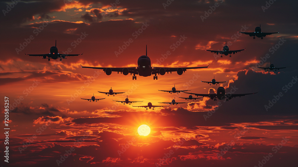 Several passenger airplanes flying above clouds at sunset is a ...