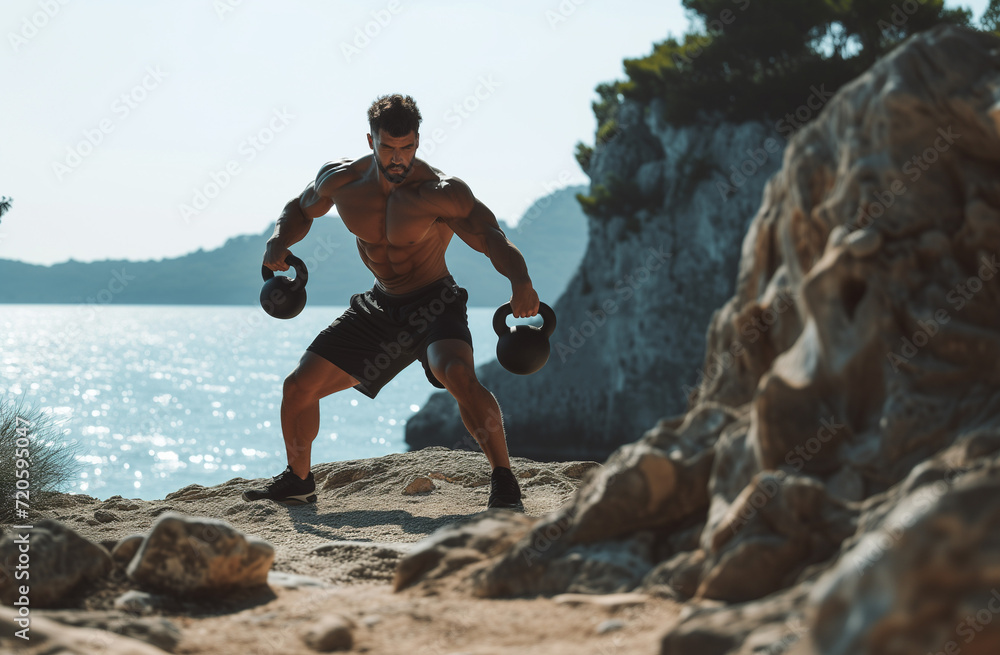 Strong man doing kettlebells on the beach, showcasing strength and ...