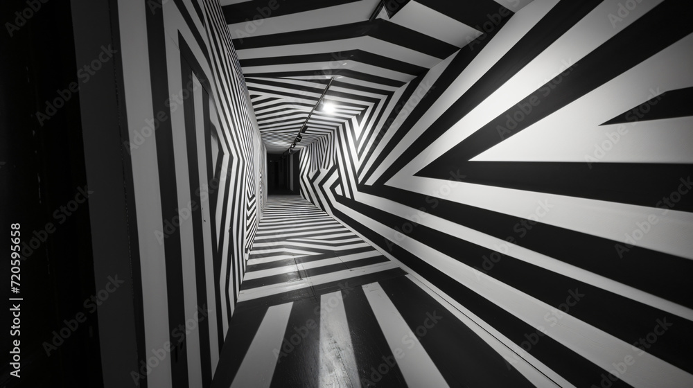 A negative room in a modern art installation featuring interactive black and white optical ...