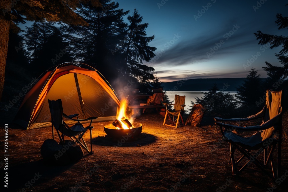 Beautiful campfire with burning wood near people sitting on chairs and ...