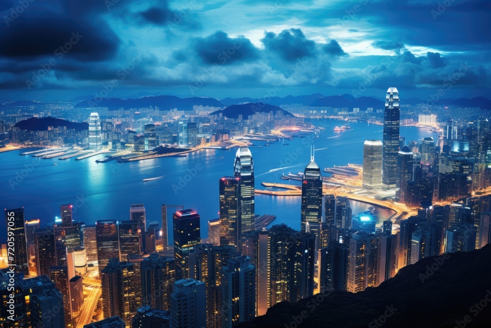 Hong Kong skyline at night with skyscrapers and urban cityscape ...