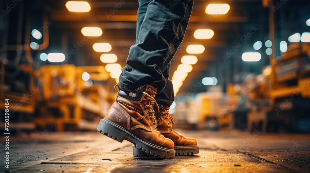 Close-up photos of Factory workers wearing safety shoes and working ...