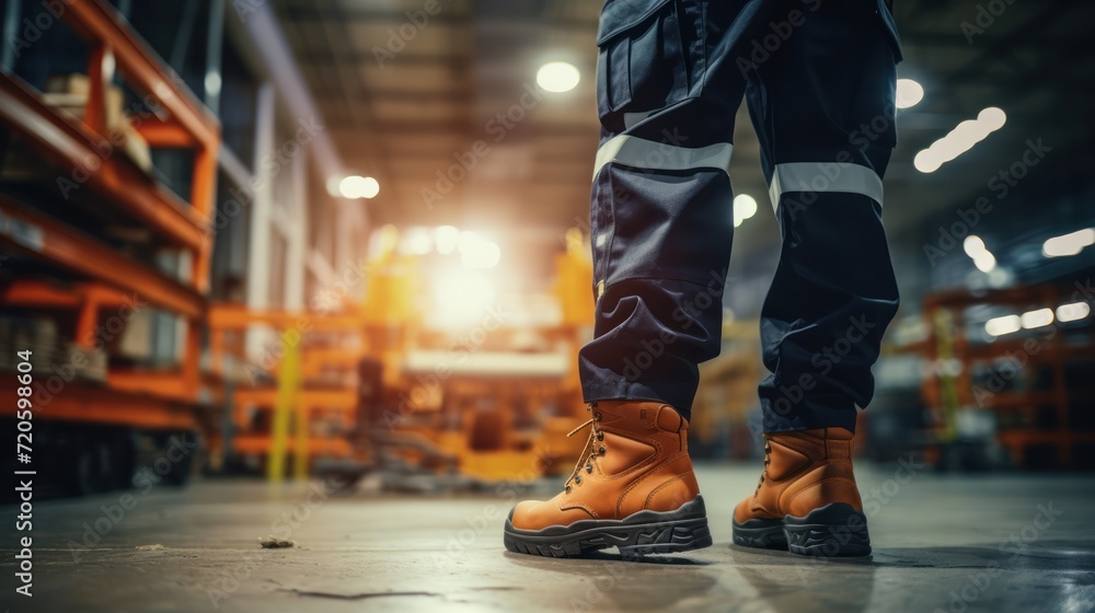 Close-up photos of Factory workers wearing safety shoes and working ...