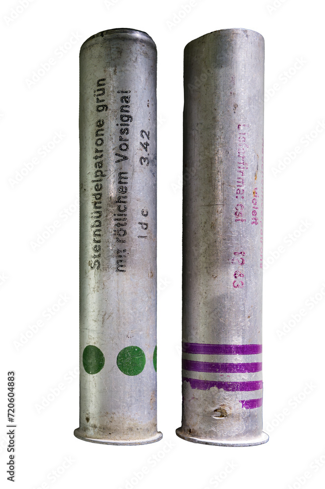 Detail of two cartridges for a single-shot flare gun, they are from the ...