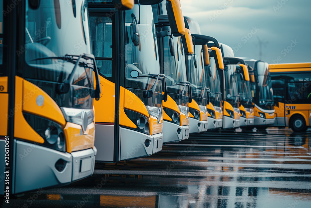 Fleet of buses parked at parking lot yard of delivery company Stock ...