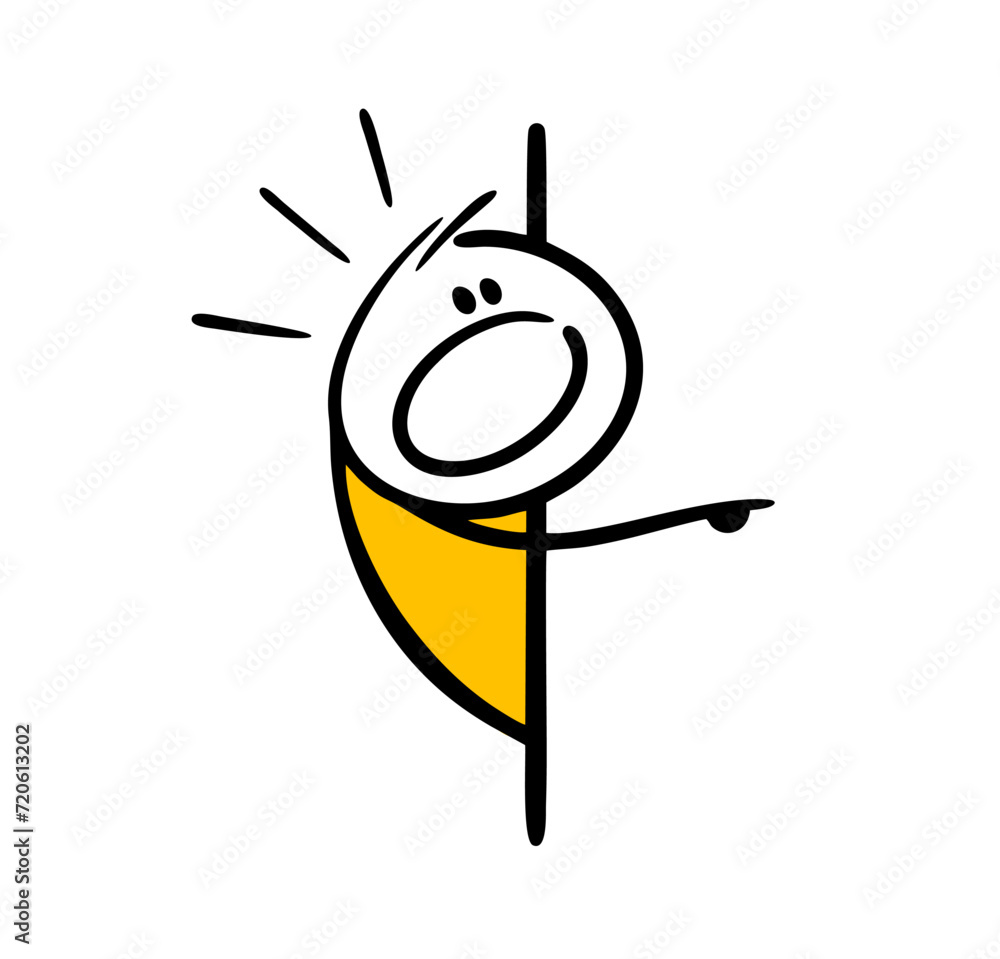 Frightened stickman leans out from around corner, points with his ...