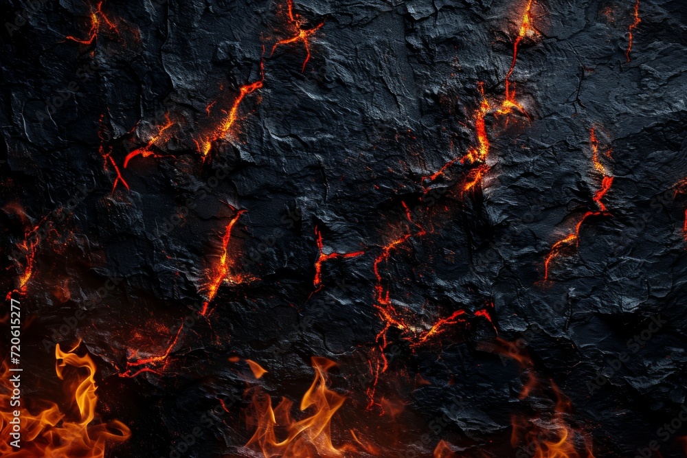 A fiery inferno consumes a cracked black rock, as red flames dance ...