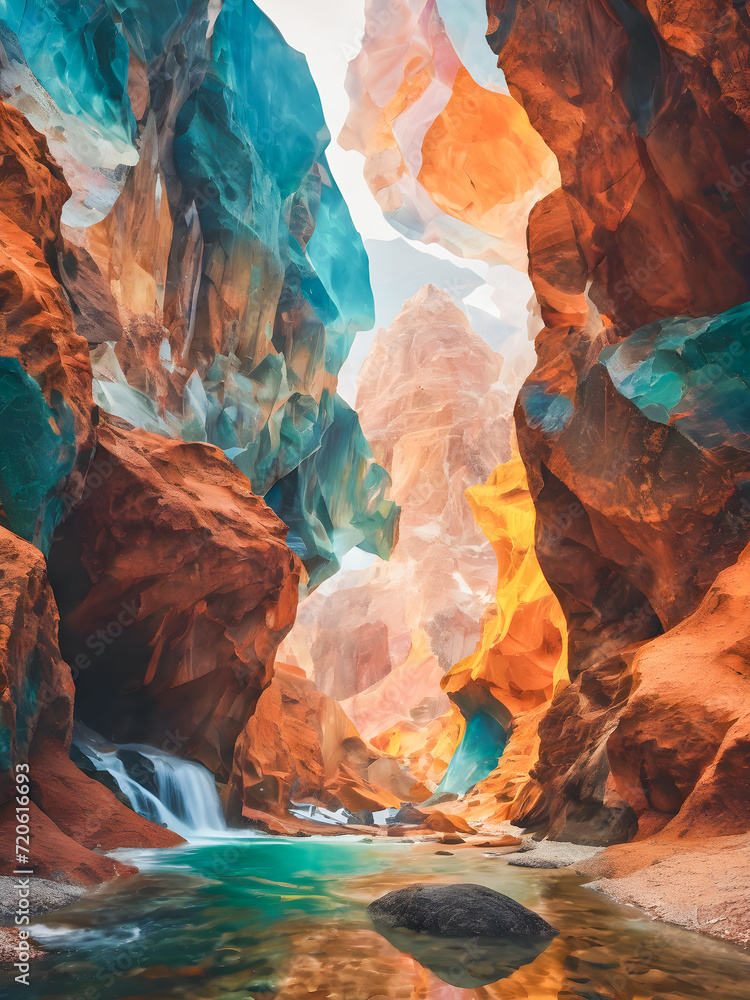 Vibrant red and yellow waterfall in the desert canyon, surrounded by ...