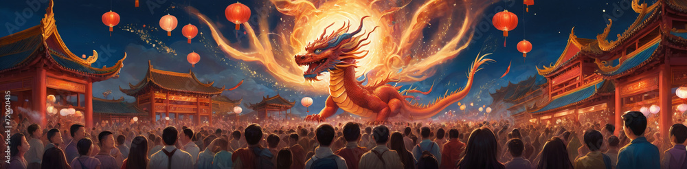 Generative illustration Celestial Dragon fly over crowd Banner Lunar ...