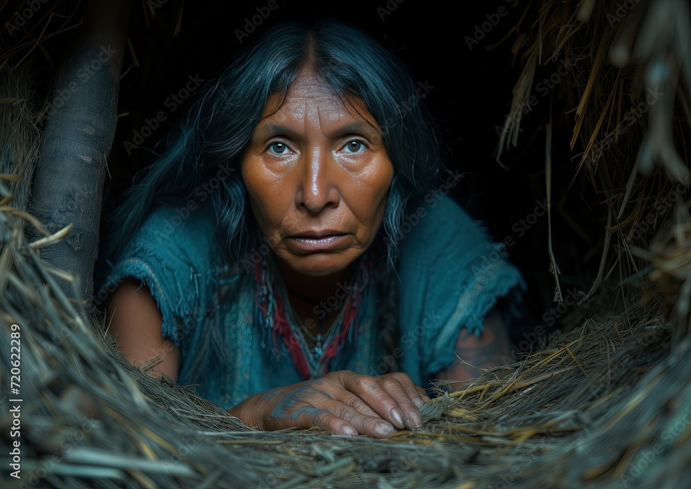 Señora edad avanzada indígena, cabello liso negro canoso, vestido azul ...