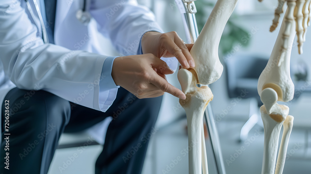 Doctor or laboratory technician points out injured leg and knee bones ...