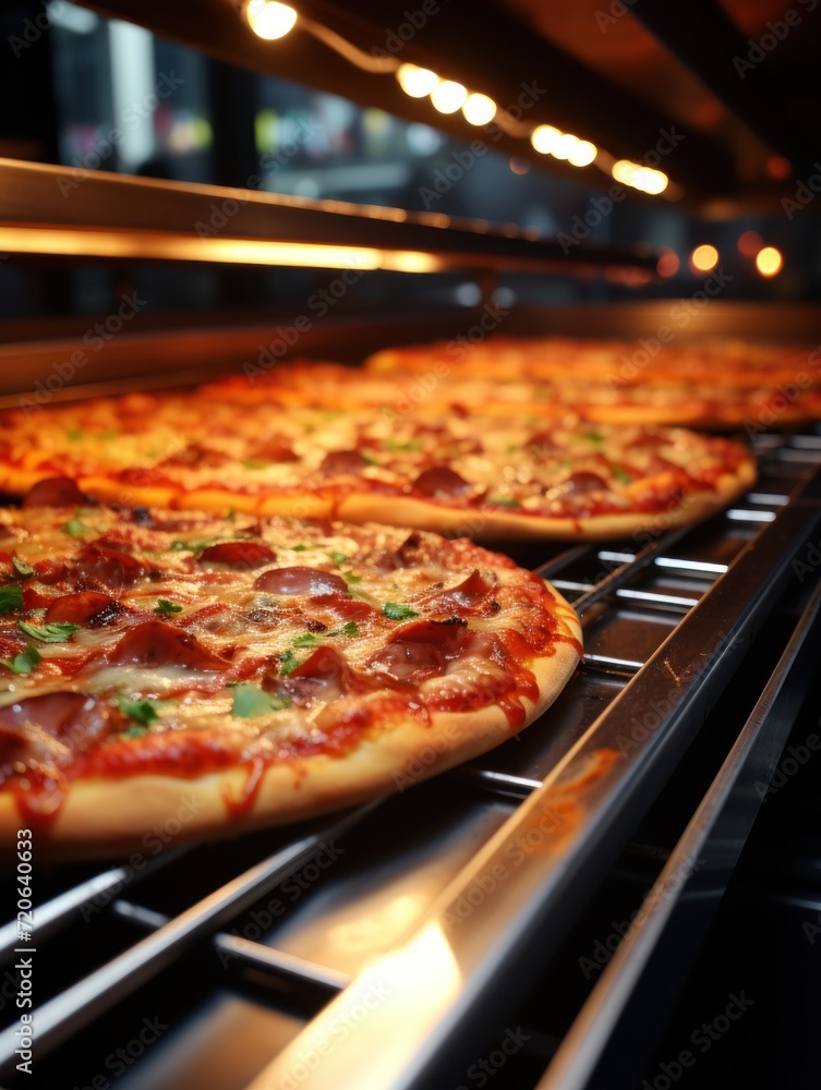 Hot pizzas fresh out of the oven on display in a modern pizza shop ...